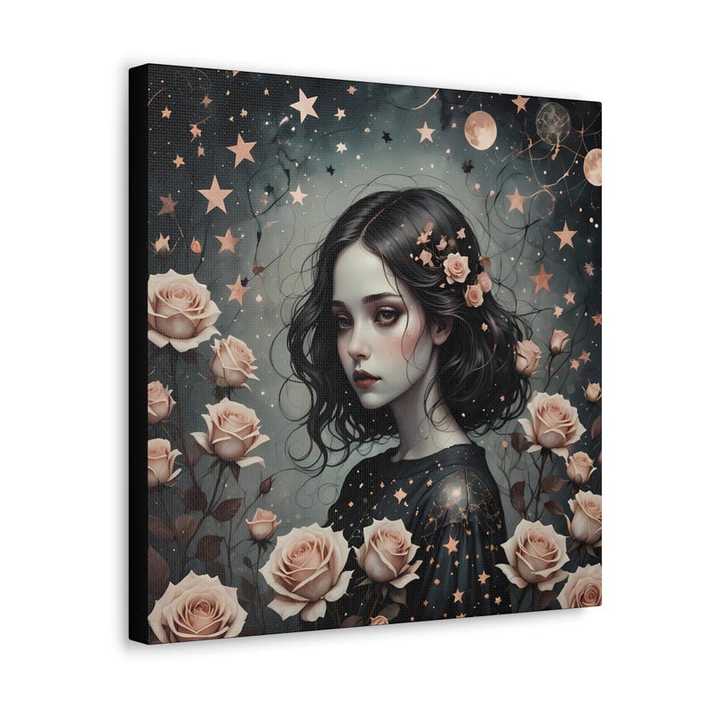 Night Sky Goth Girl Portrait Moons Stars Roses 16"x16" Art Canvas, Wall ...