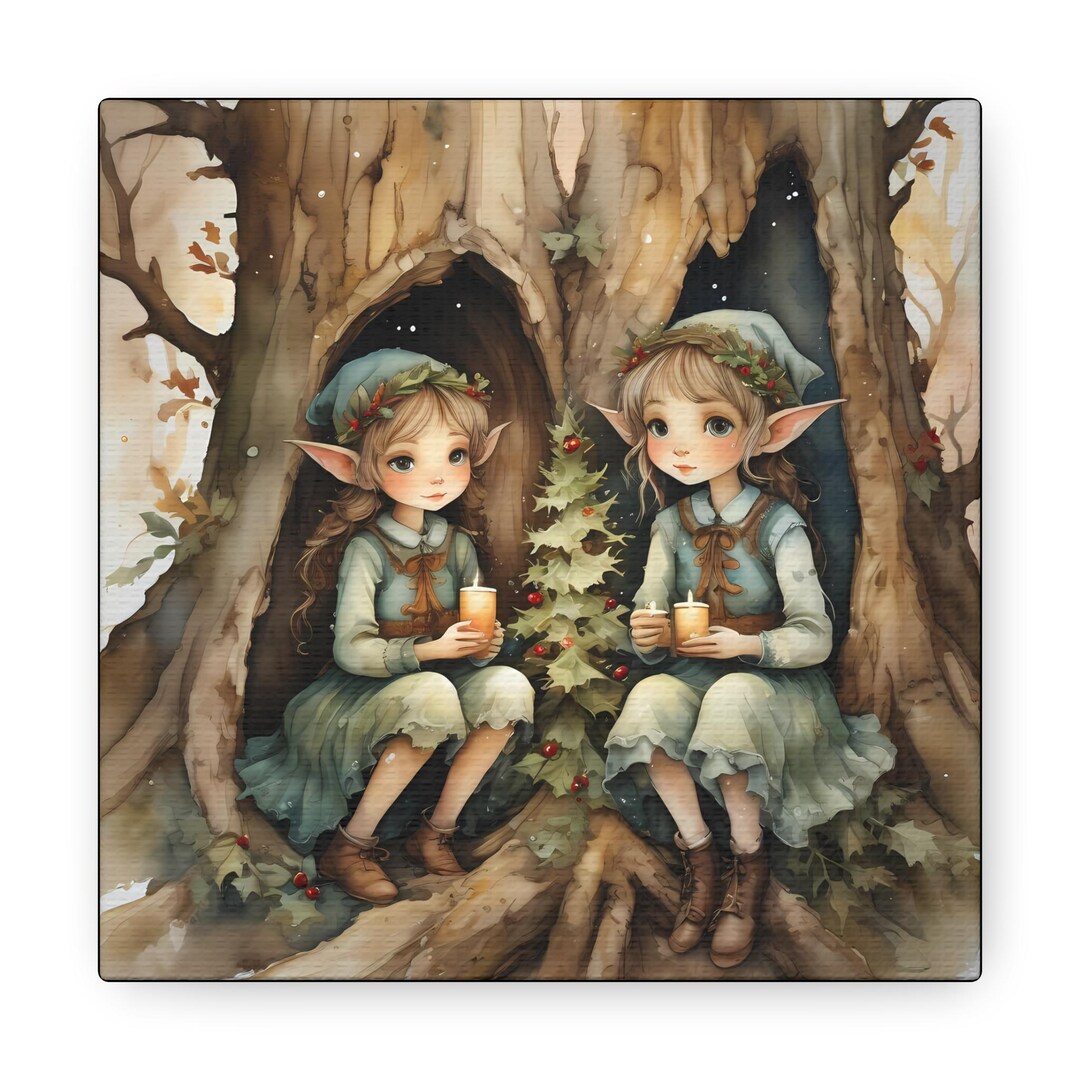 Holiday Tree Elves 6x6 In. Canvas Wall Art, Christmas Decoration ...
