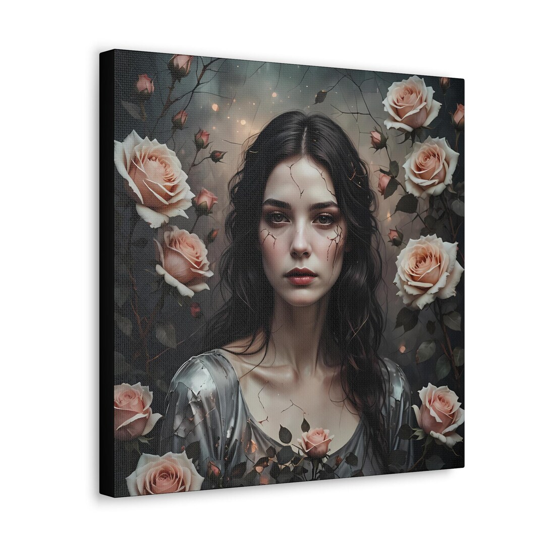 Crackle Portrait Goth Woman Pink Roses 16"x16" Art Canvas, Unique Home ...