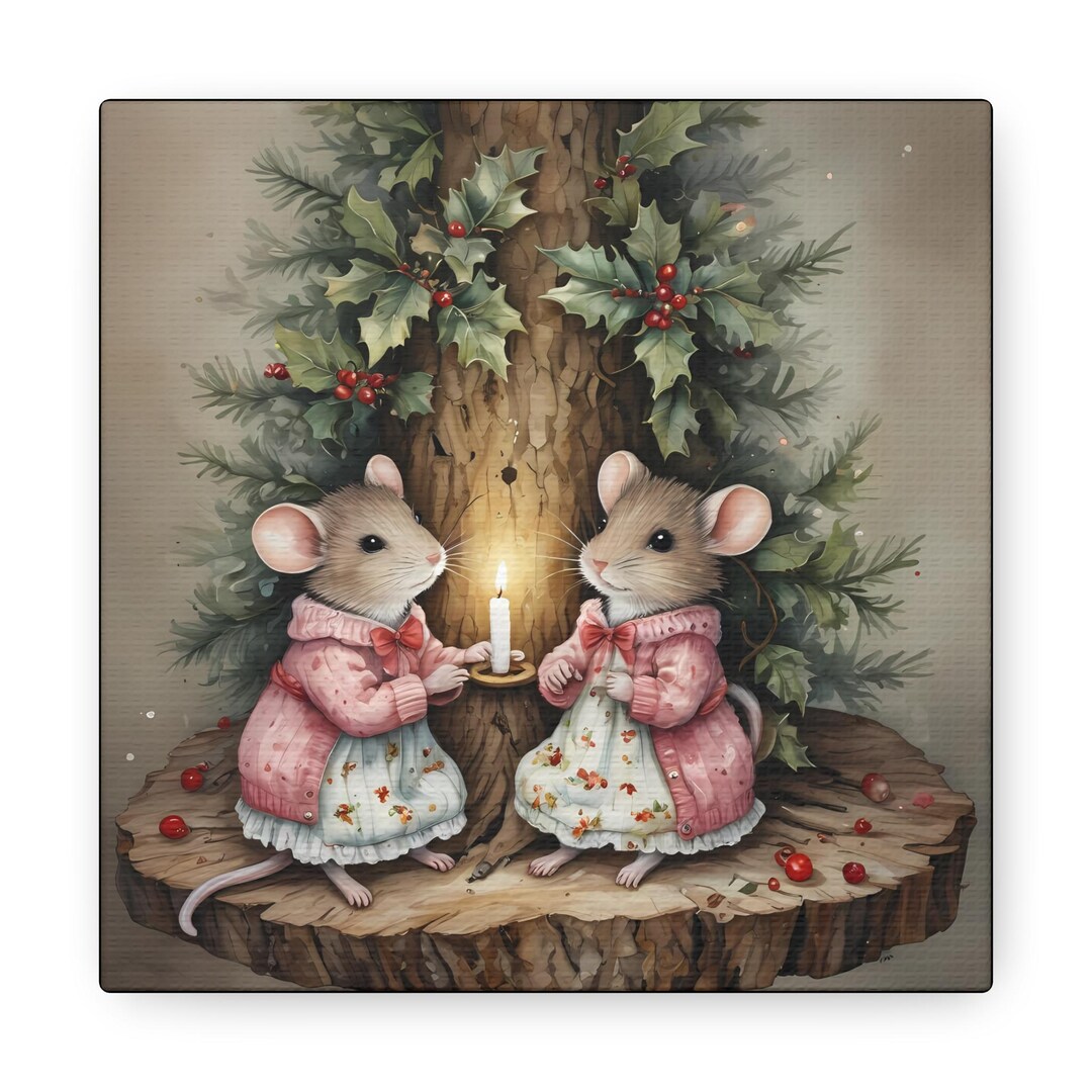 Holiday Tree Friends Dainty Mice With Holly 6x6 In. Canvas Wall Art ...
