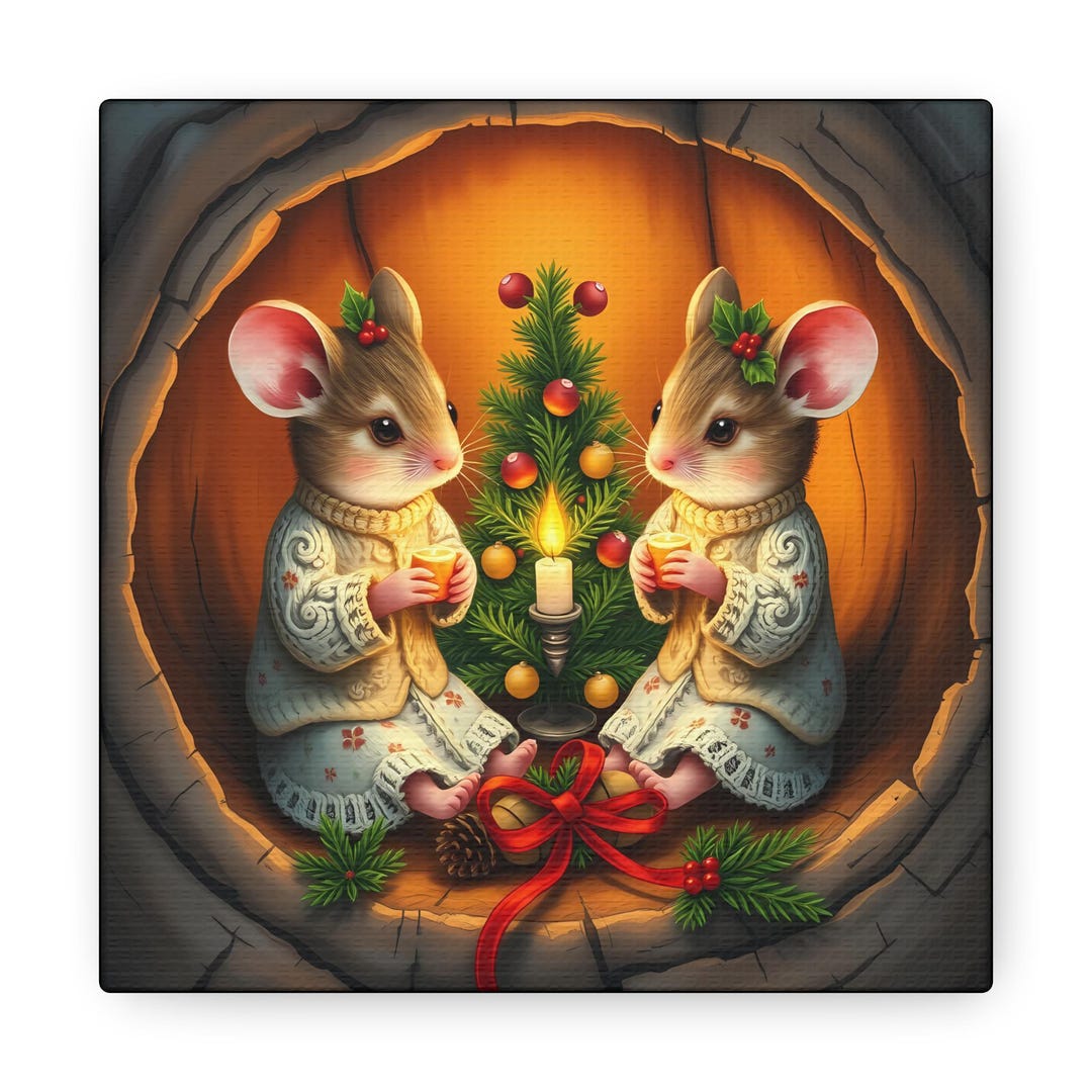 Holiday Tree Friends Mice in Tree Hollow 6x6 In. Canvas Wall Art , Cute ...