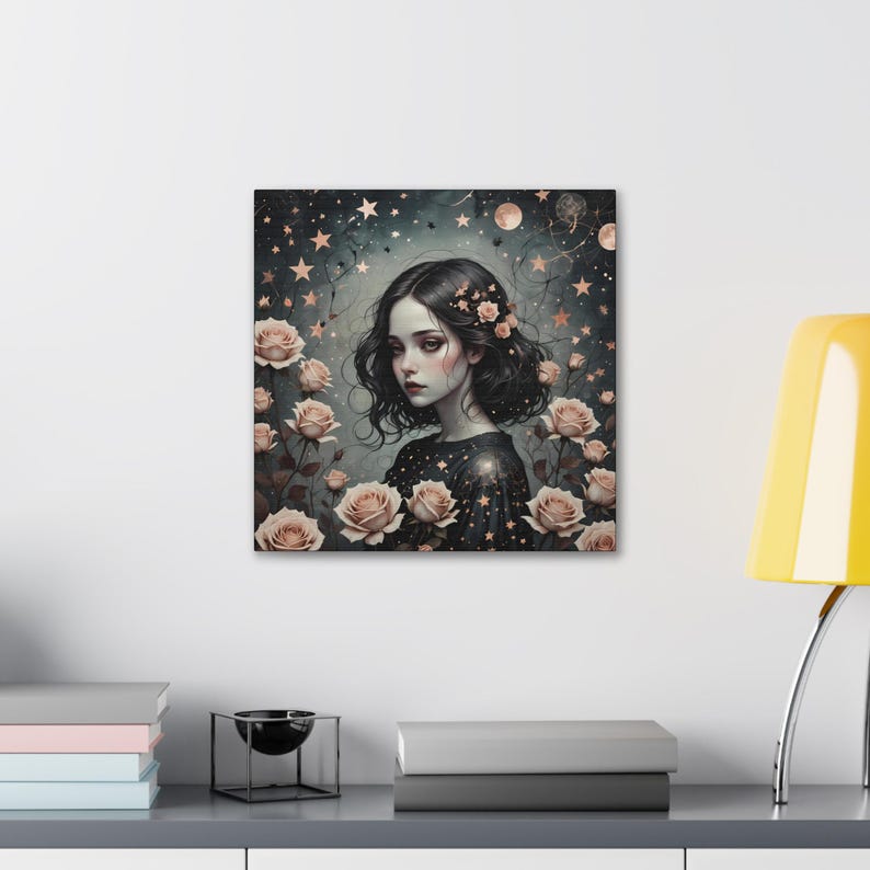 Night Sky Goth Girl Portrait Moons Stars Roses 16x16 Art Canvas, Wall ...