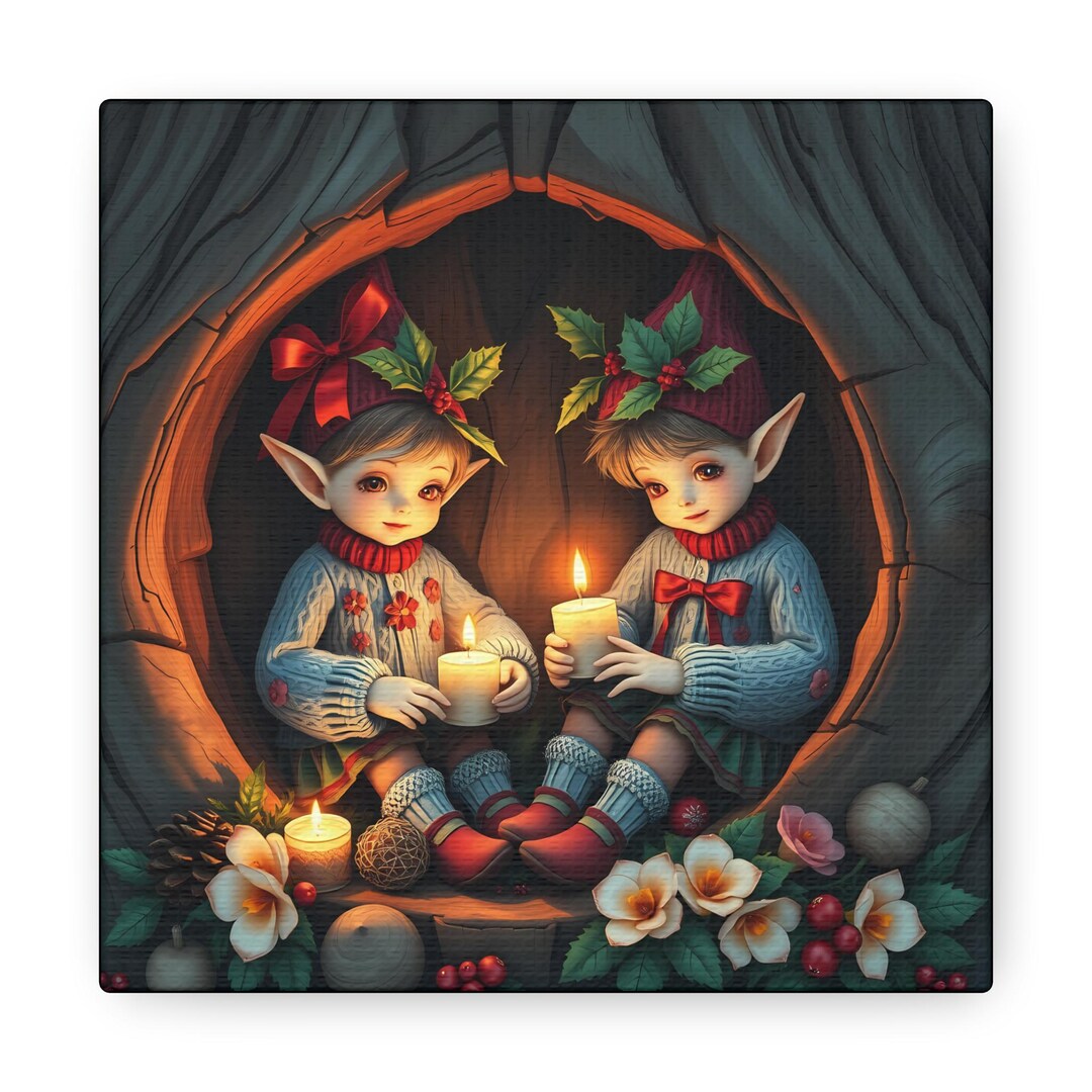 Holiday Elves in Tree Hollow With Candles 6x6 In. Canvas Wall Art ...