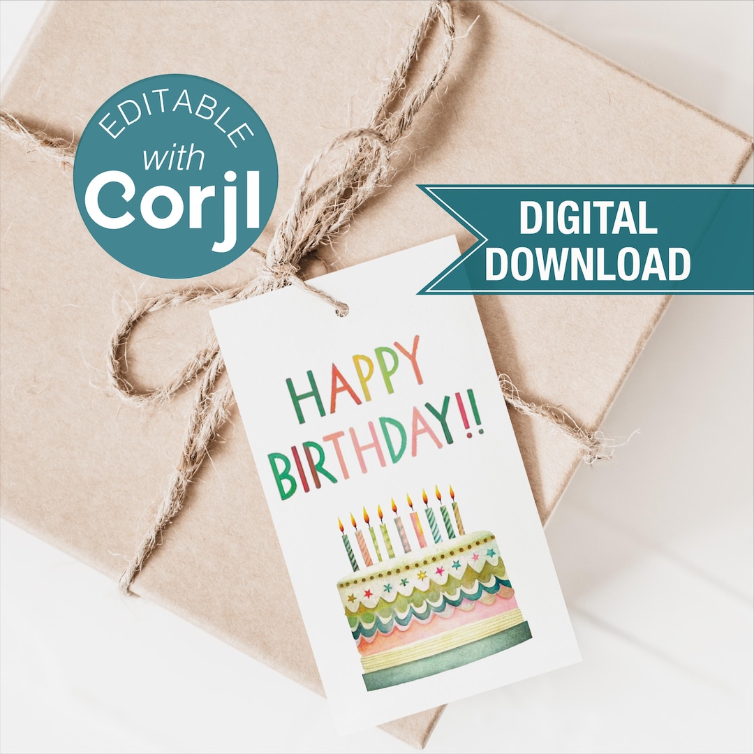 Printable Happy Birthday Gift Tag, Birthday Cake Favor Tag, Editable ...
