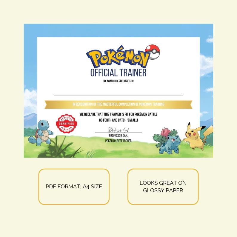 Pokemon Trainer Certificate Printable for Kids & Gamers - Etsy