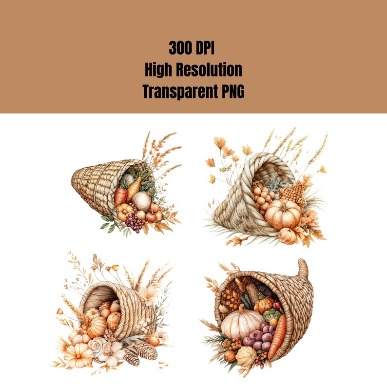 Cornucopia Watercolor Clipart, Thanksgiving PNG, Harvest ONG, Printable ...