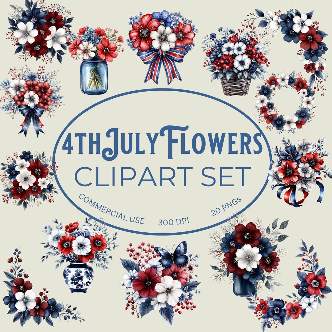 4th July Flowers Clip Art, Patriotic PNG, Memorial Day Flowers ...
