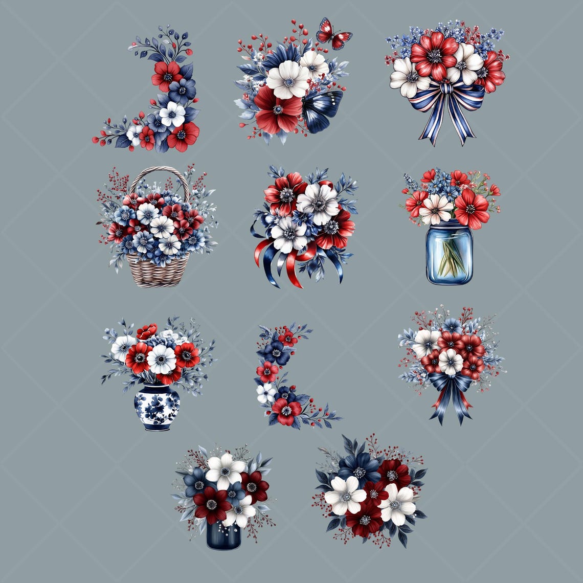 4th July Flowers Clip Art, Patriotic PNG, Memorial Day Flowers ...