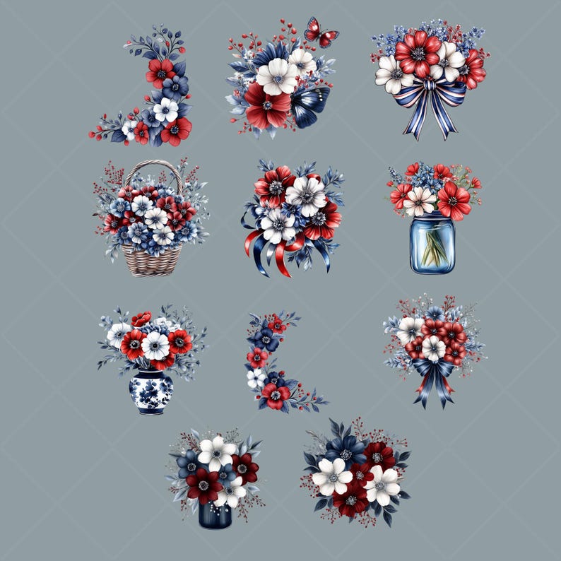 4th July Flowers Clip Art, Patriotic PNG, Memorial Day Flowers ...