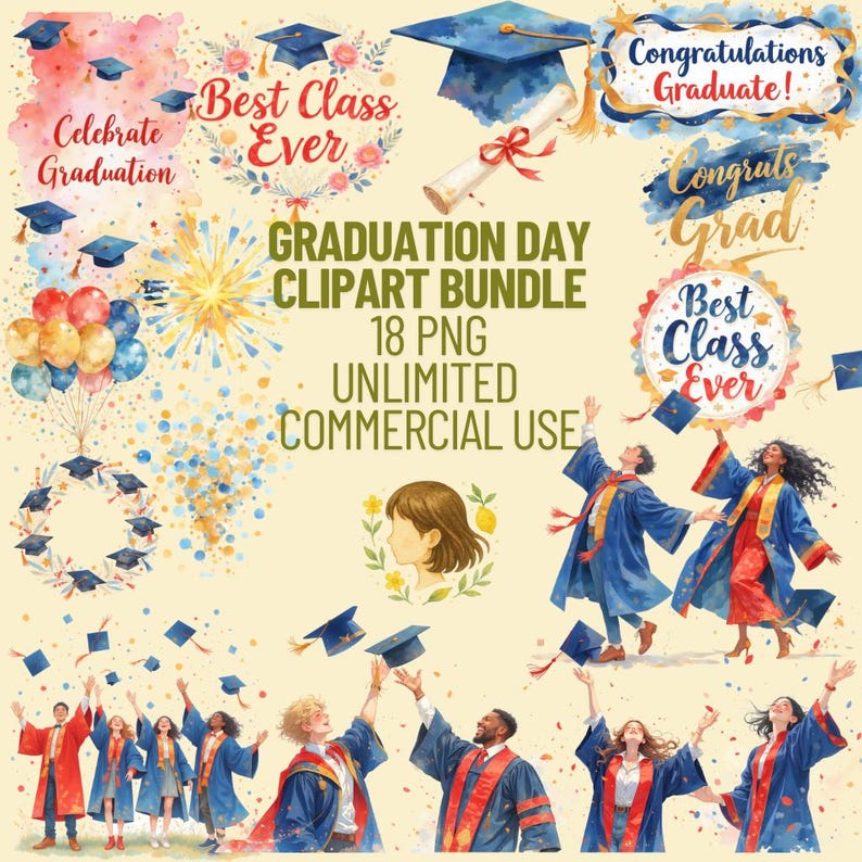 Graduation Watercolor Clipart Bundle | Class of 2025 | Cap, Diploma ...