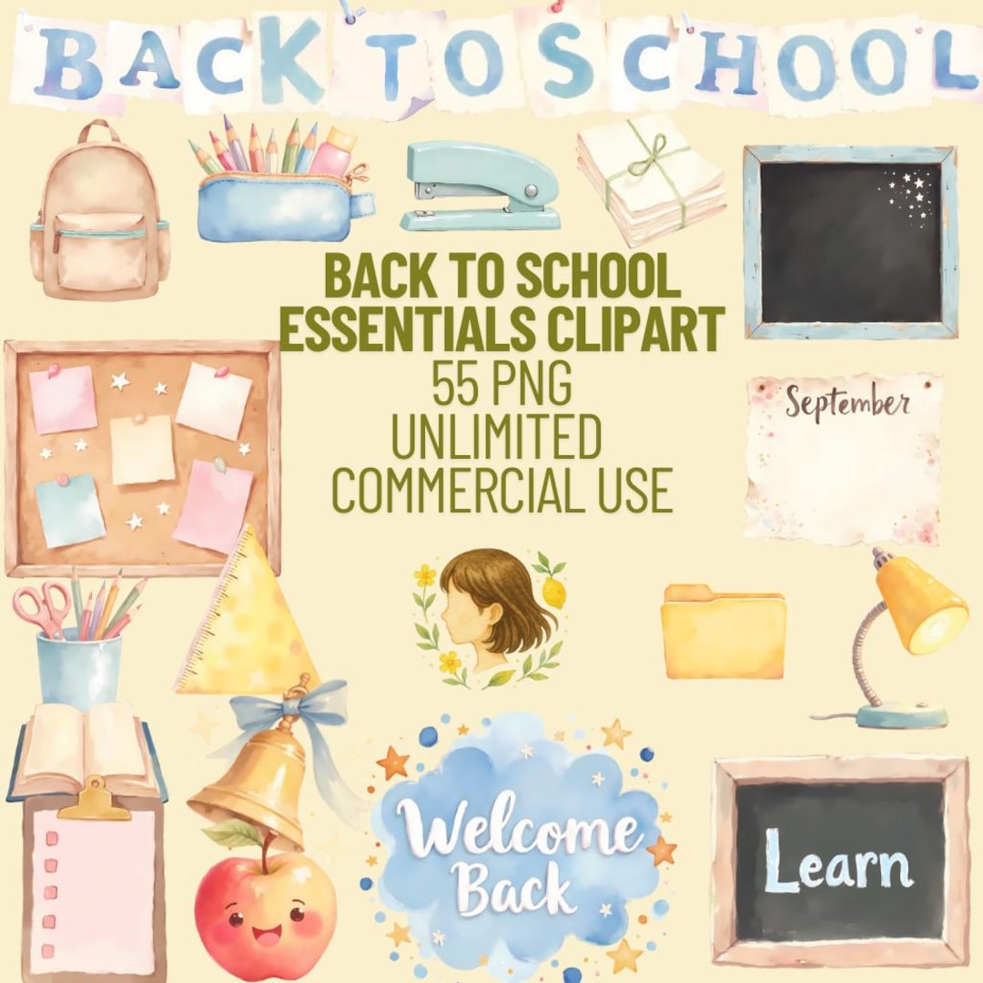 Back to School Essentials Clipart Bundle – Baby Blue Yellow Taupe ...