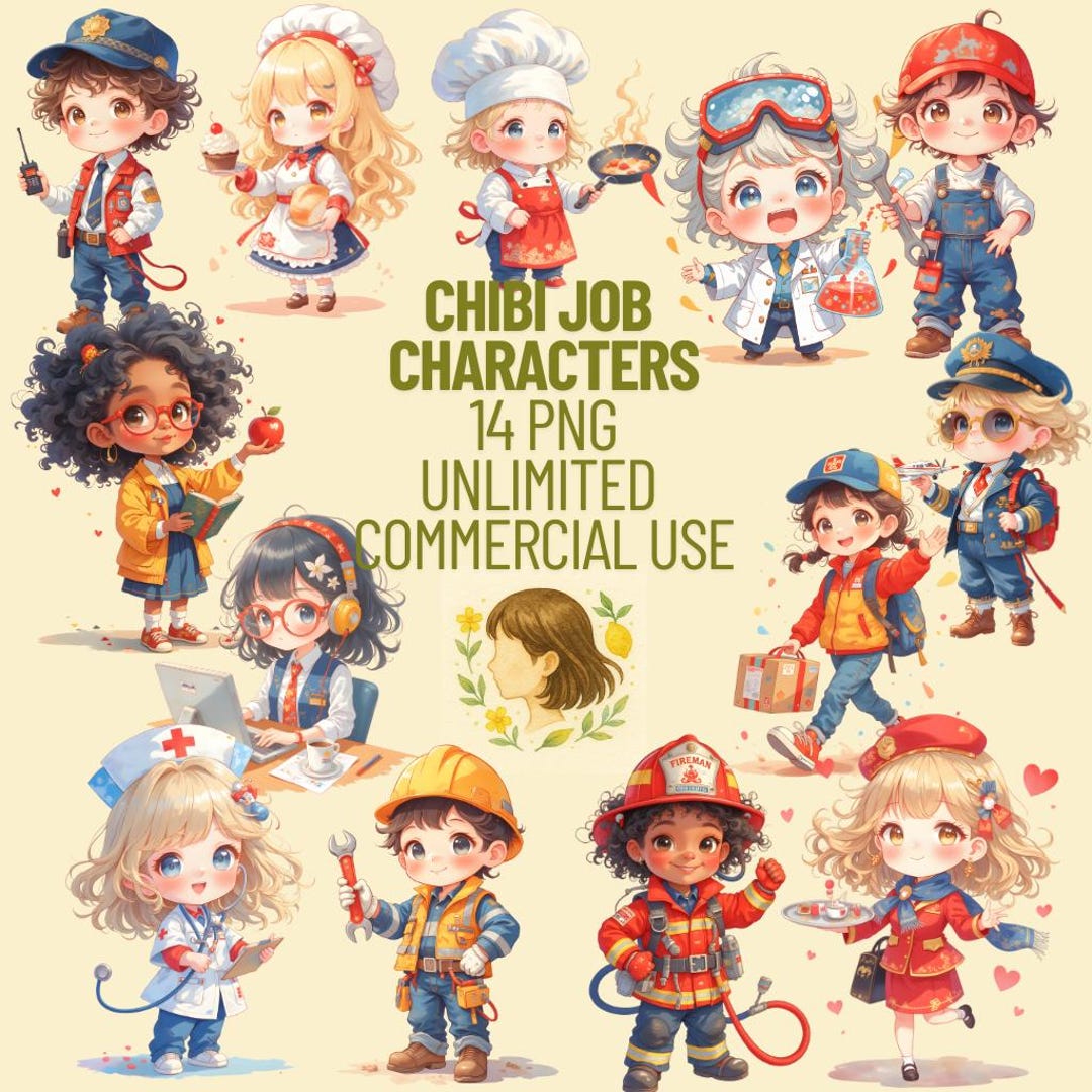 Chibi Professions Watercolor Clipart Bundle | Cute Career Jobs PNG for ...