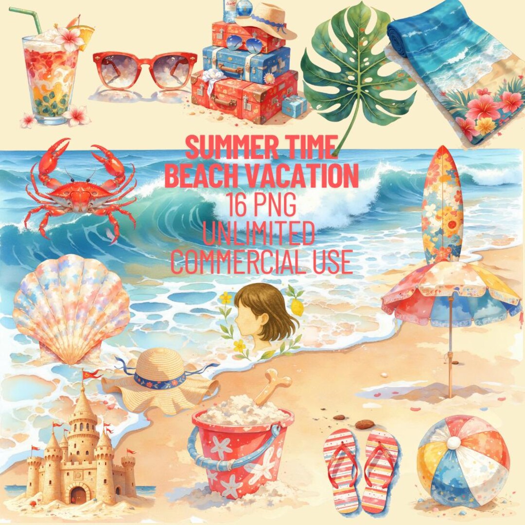 Beach Vacation Watercolor Clipart | Summer PNG Set for Invitations ...