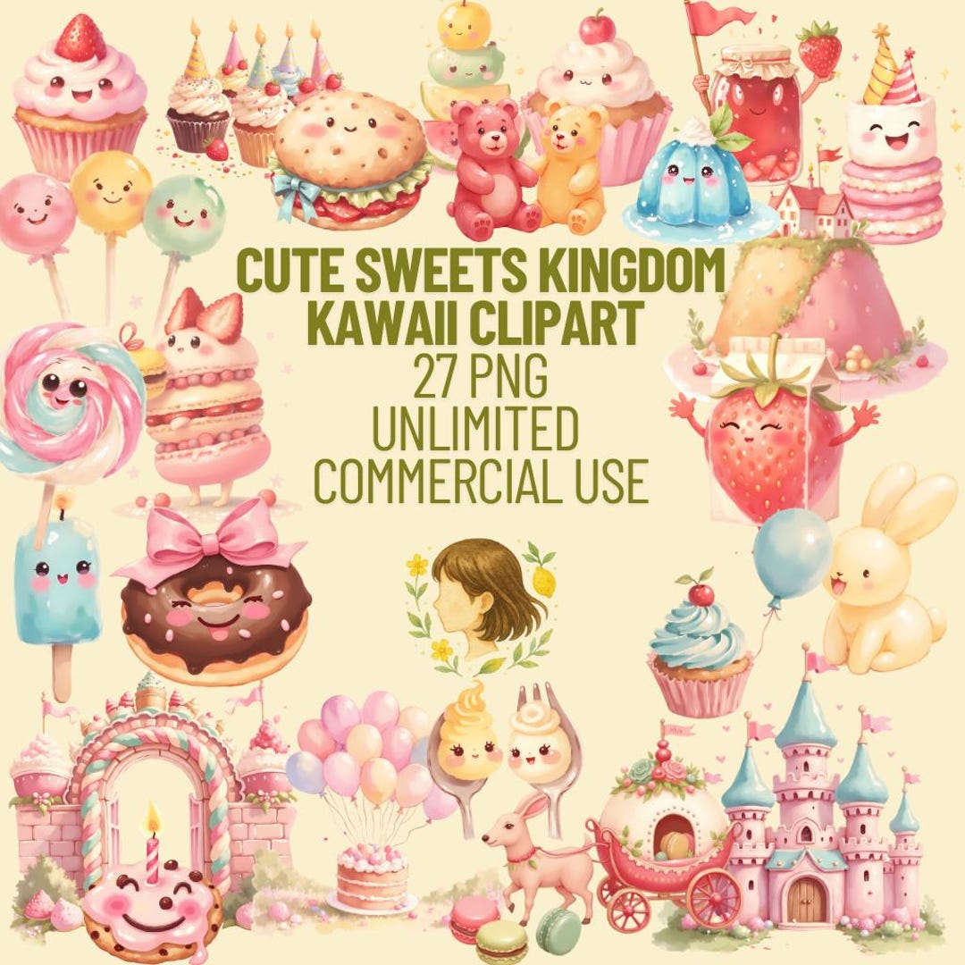 Kawaii Dessert Clipart Bundle | Cute Watercolor Sweets PNG | Cupcake ...