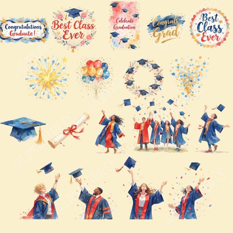 Graduation Watercolor Clipart Bundle | Class of 2025 | Cap, Diploma ...