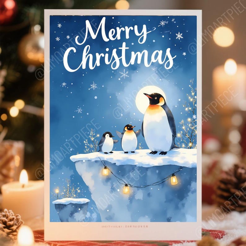 9 Printable Watercolor Christmas Cards | Penguin Family & Iceberg Scene ...