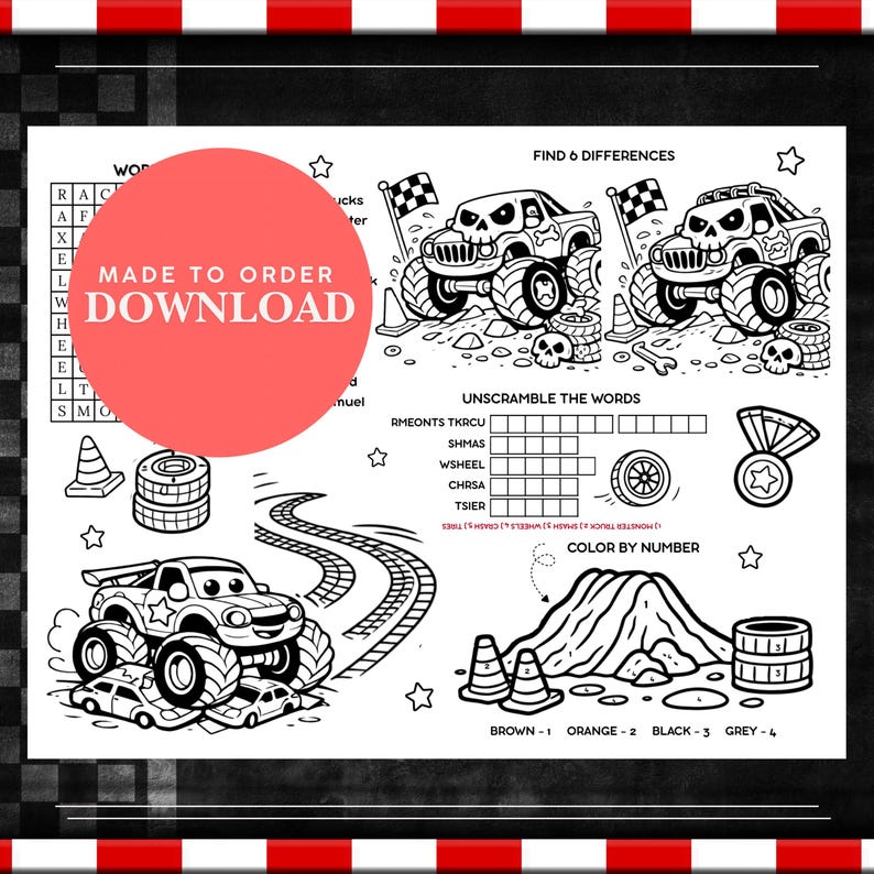 Monster Truck Activity Coloring Page | Personalized Birthday Placemat ...