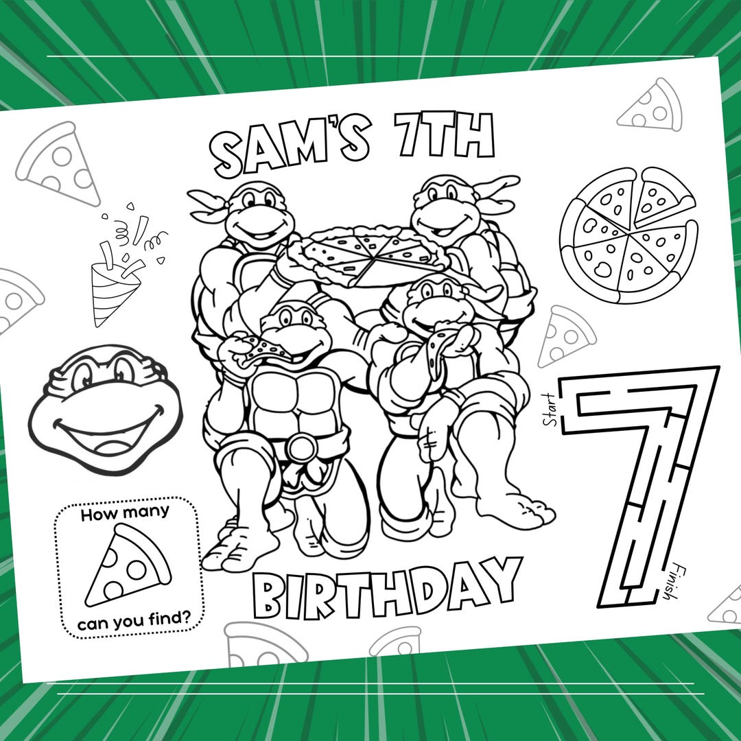Turtle Birthday Coloring Placemat: Kids Party Favor (printable DIY Page ...