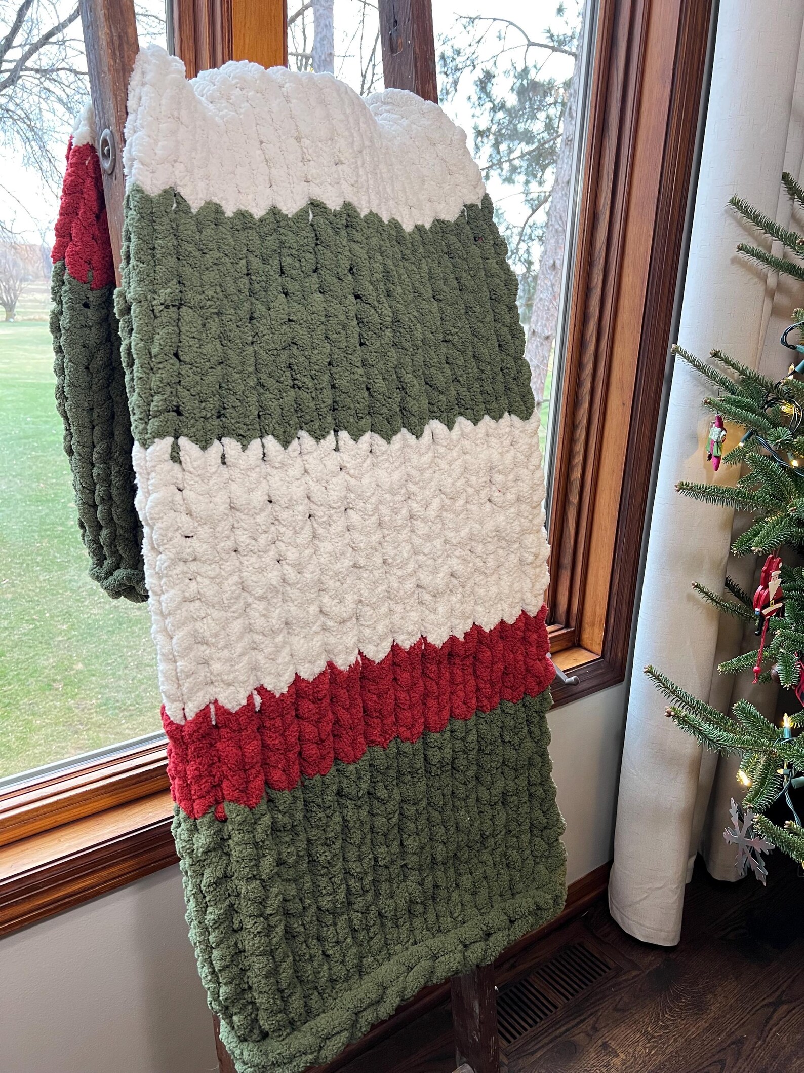 Handcrafted Chunky Knit Blanket, Cranberry Olive Cream Stripes, Cozy ...