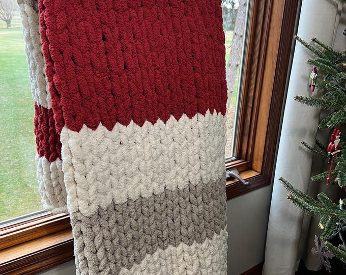 Cranberry Grey Cream Striped Chunky Knit Blanket, Handcrafted Cozy ...