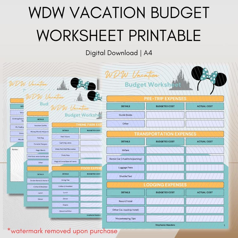 WDW Vacation Budget Planner Worksheet | Printable Theme Park Budget ...