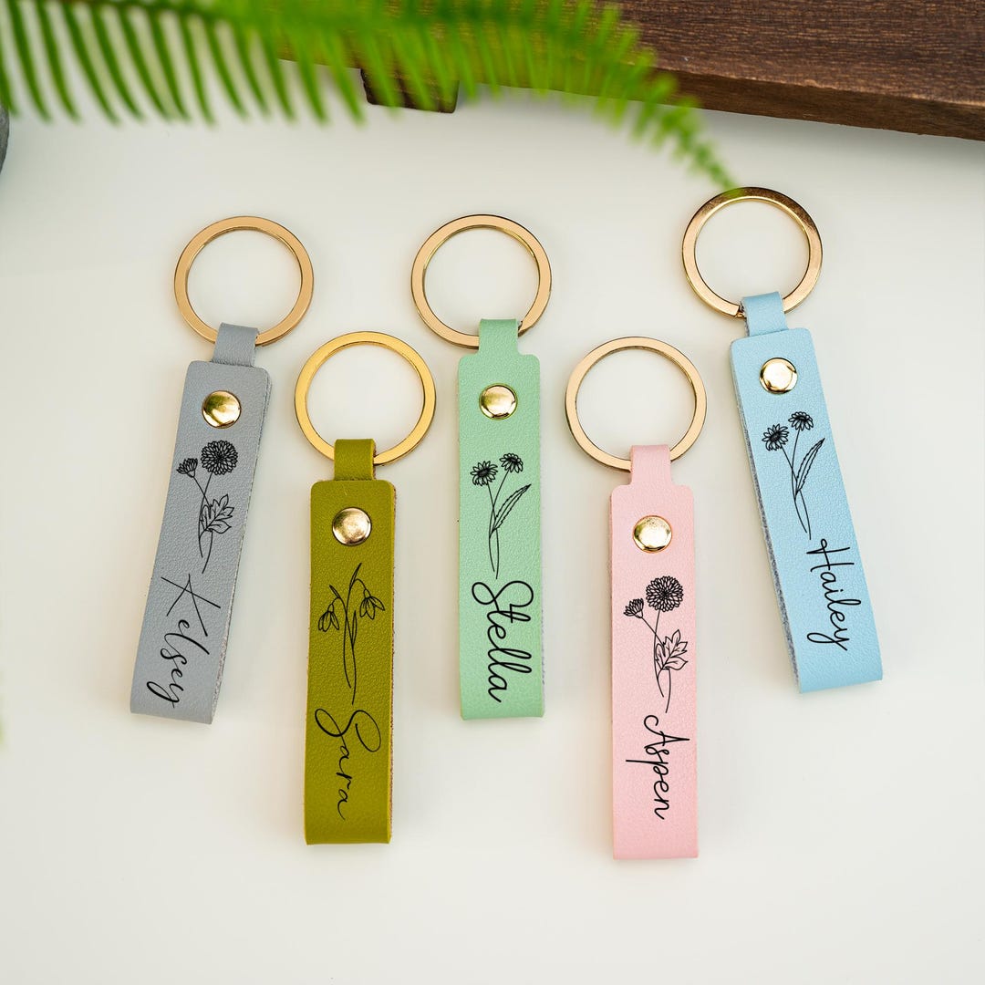 Personalized Birth Flower Keychain, Custom Floral Leather Keyring With ...