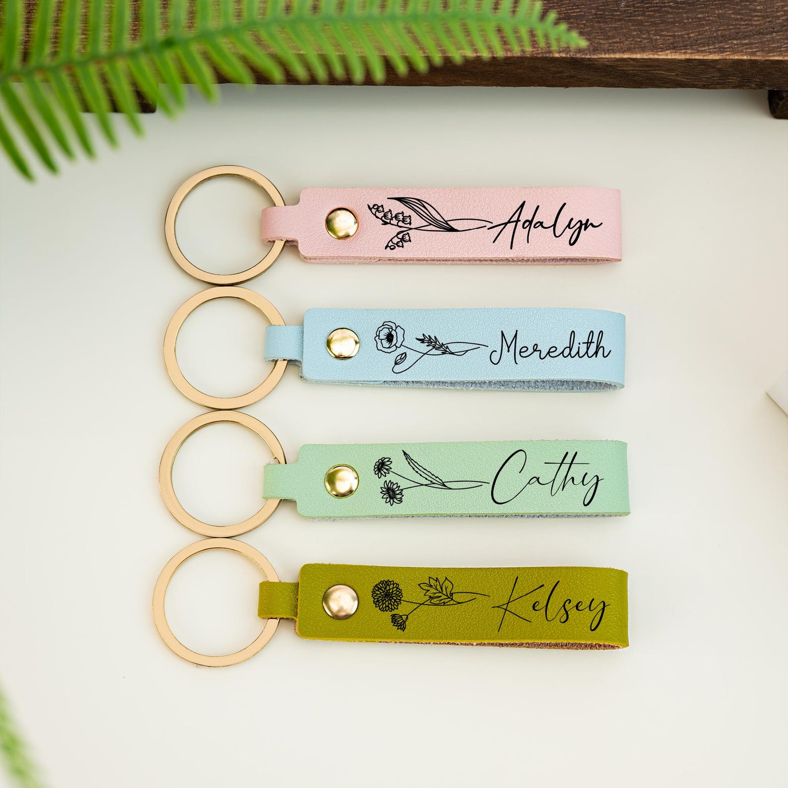 Personalized Birth Flower Keychain, Custom Floral Leather Keyring With ...