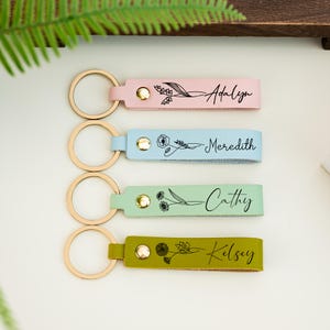 Personalized Birth Flower Keychain, Custom Floral Leather Keyring With ...