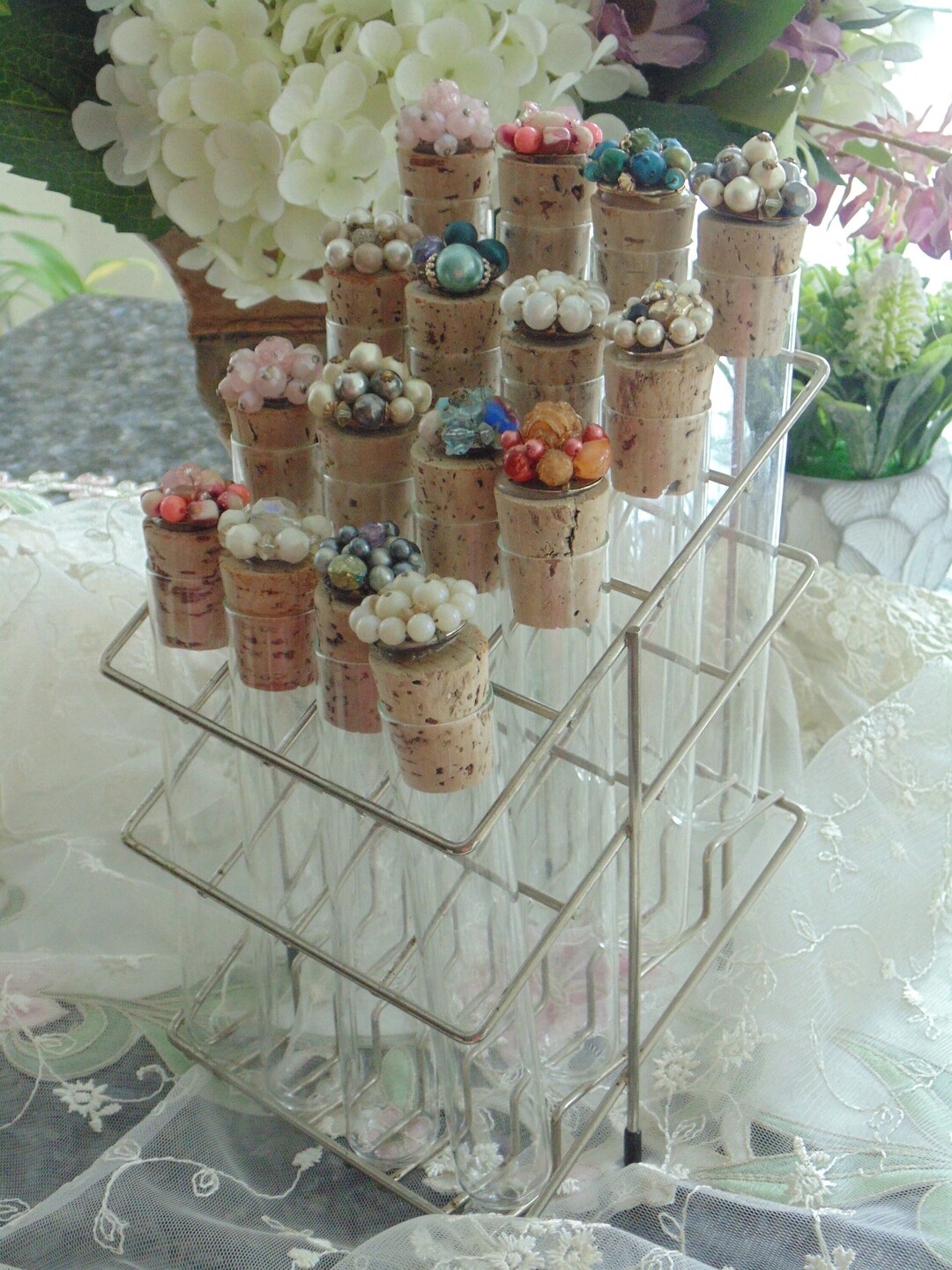 Vintage 16 Glass Decorated Test Tubes in Tiered Metal Rack Shabby ...