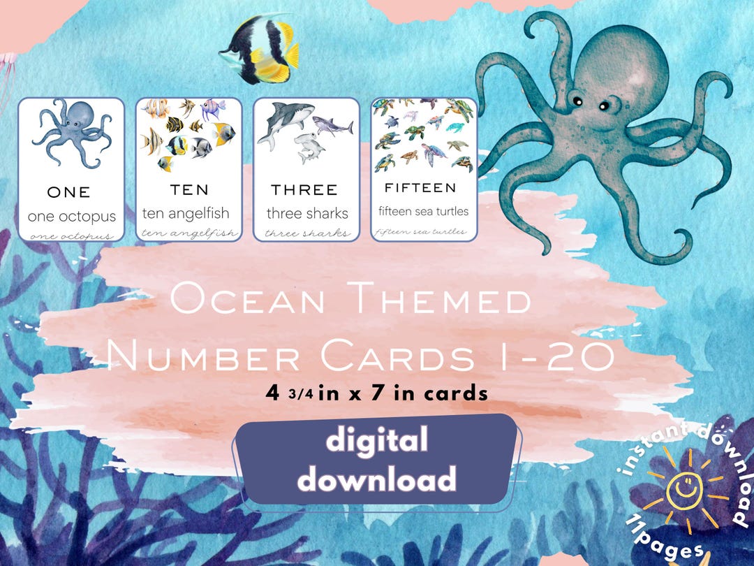 Ocean Themed Number Cards 1-20 4 3/4 in X 7 in Cards, Digital Download ...