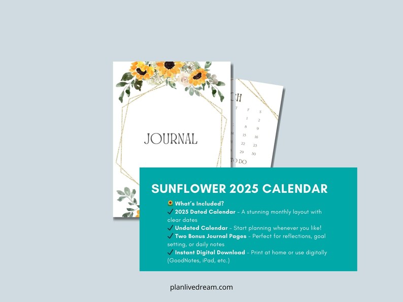 2025 Sunflower Calendar and Journal | Dated and Undated Printable ...