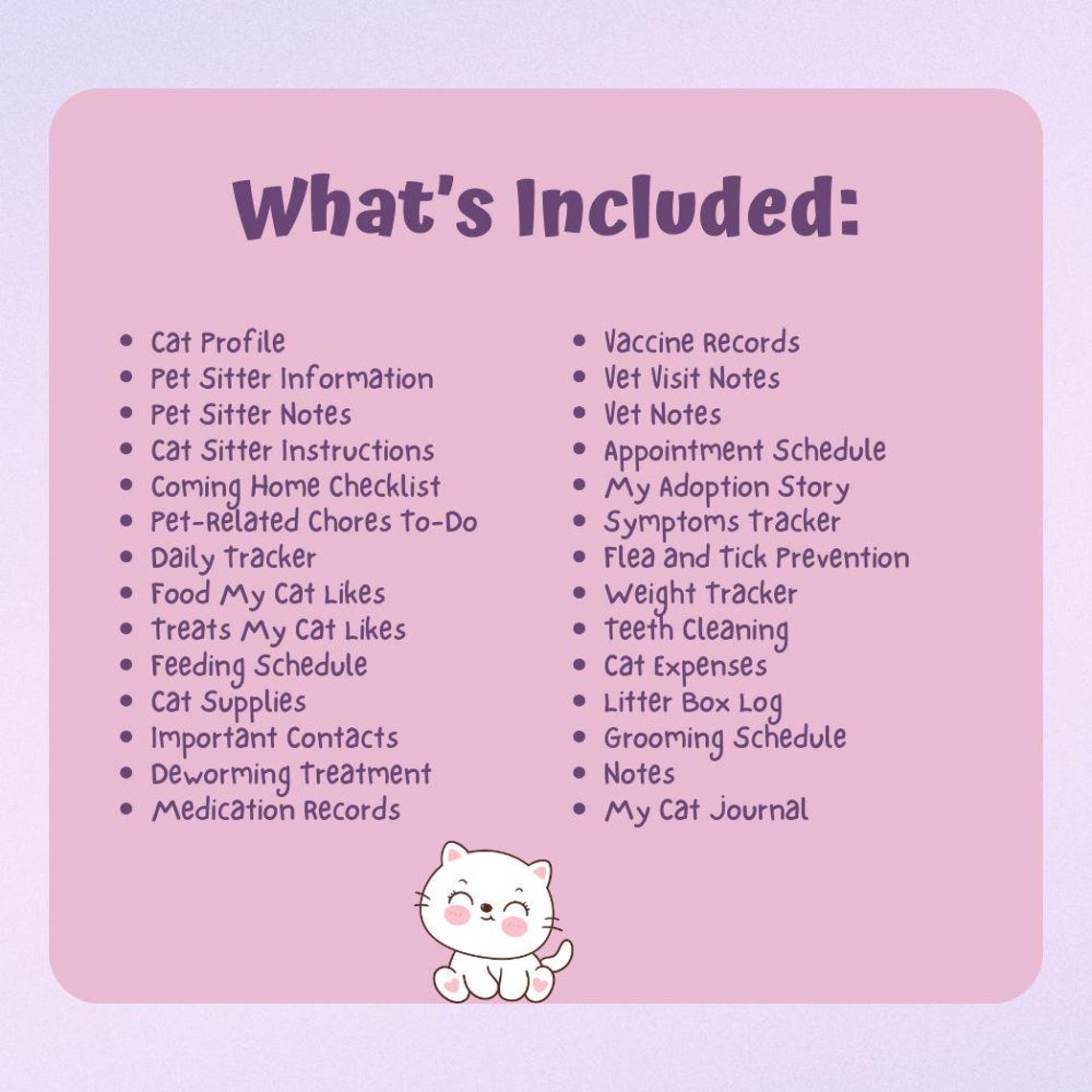 Printable Cat Care Planner | Digital Pet Organizer | Cat Health Tracker ...