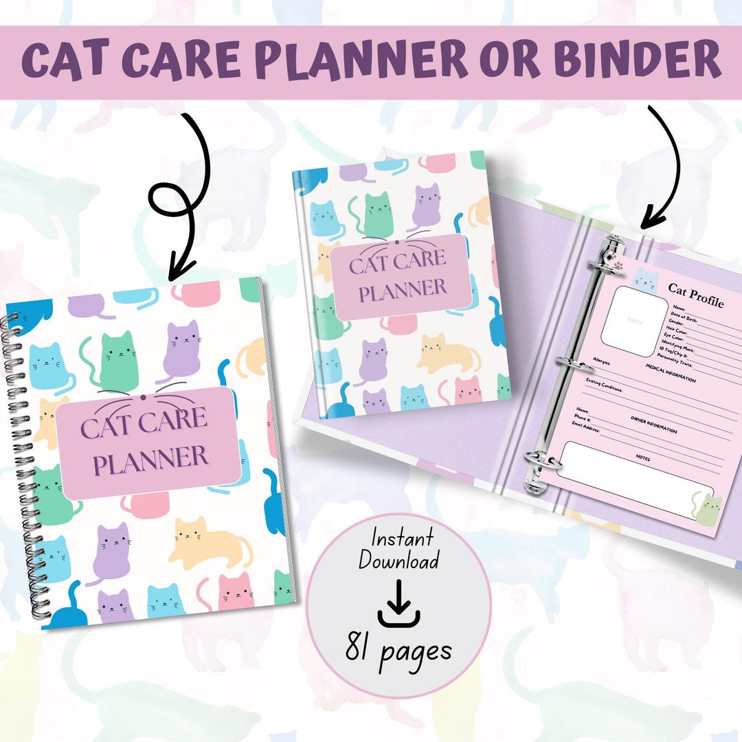 Printable Cat Care Planner | Digital Pet Organizer | Cat Health Tracker ...