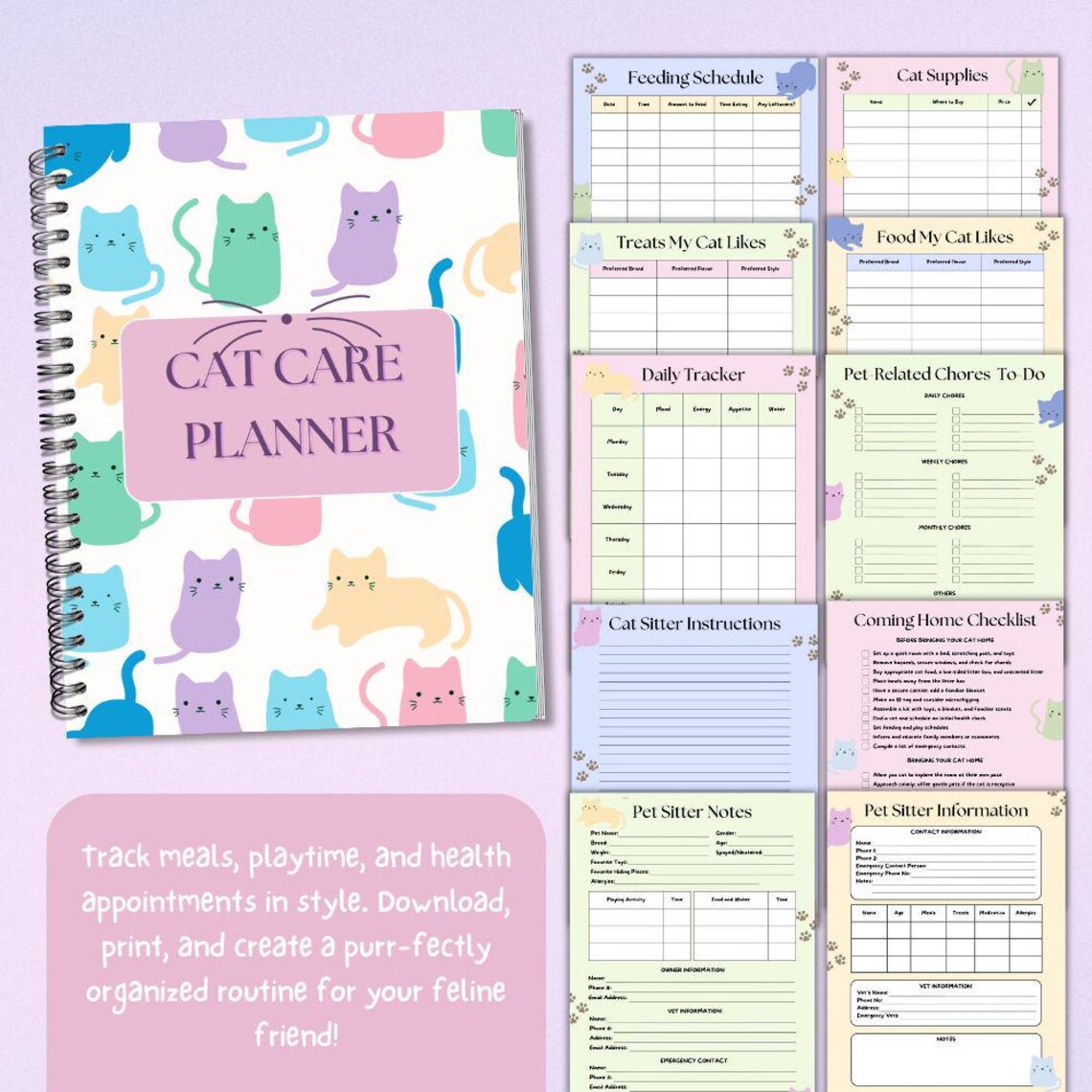 Printable Cat Care Planner | Digital Pet Organizer | Cat Health Tracker ...