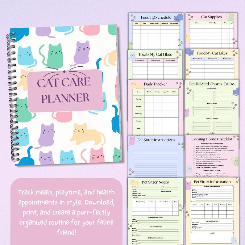 Printable Cat Care Planner | Digital Pet Organizer | Cat Health Tracker ...