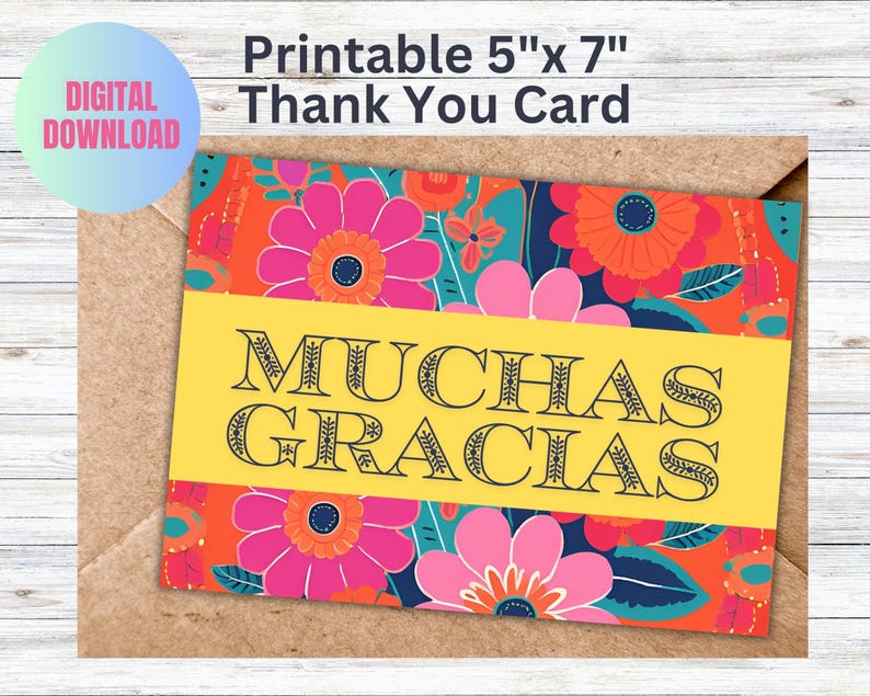 Muchas Gracias, 5"x 7"printable Thank You Card in Spanish, Tarjeta De ...