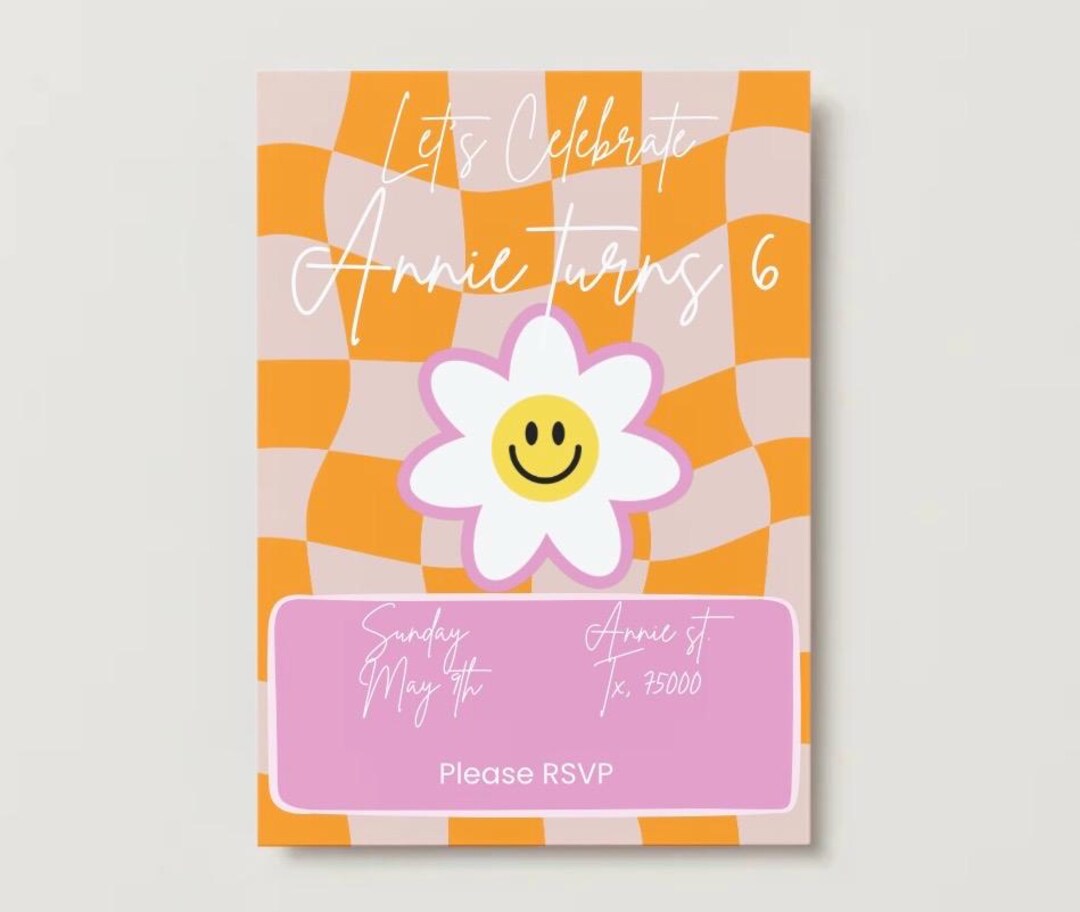 Smiley Flower Birthday Invitation, Checkered Party Invite (editable ...