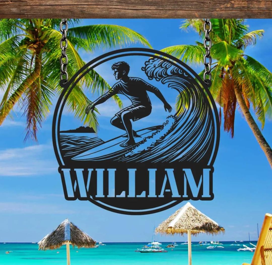 Custom Surfing Metal Sign, Personalized Surfer Name Decor, Surfboard ...