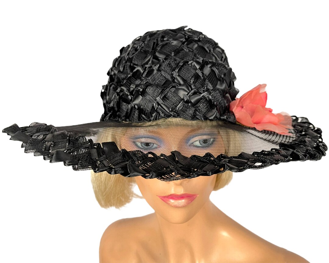 Vintage 60s Black Swiss Cello Straw Hat With Wide Brim Size M - VFG - Etsy