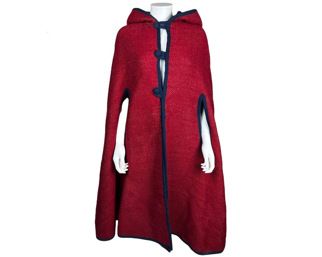 Vintage Reversible Hooded Cape Red Blue Wool Jacquard Loomed One Size ...