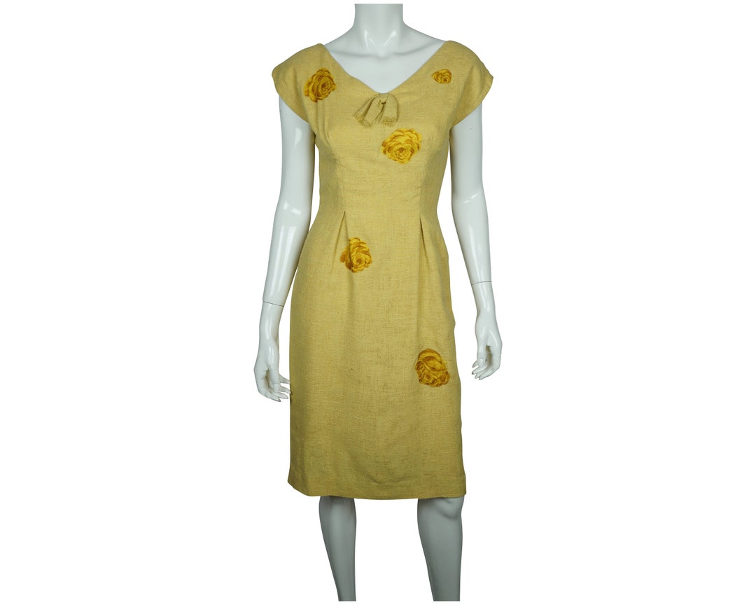 Vintage 1950s Yellow Silk Noil Wiggle Dress W Floral Appliqués M Vfg Etsy