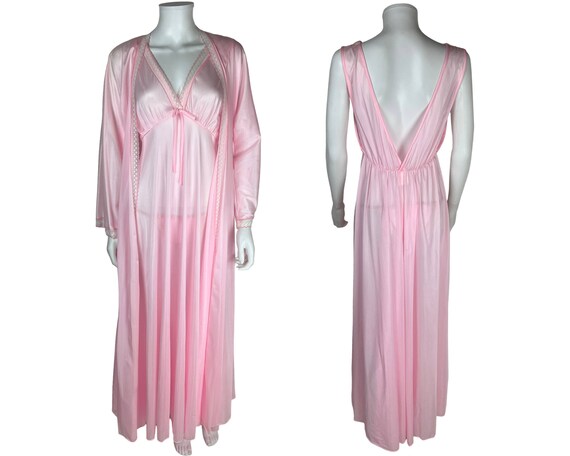 NOS Vintage 1970s Peignoir Set Pink Sheer Robe Nightg… - Gem