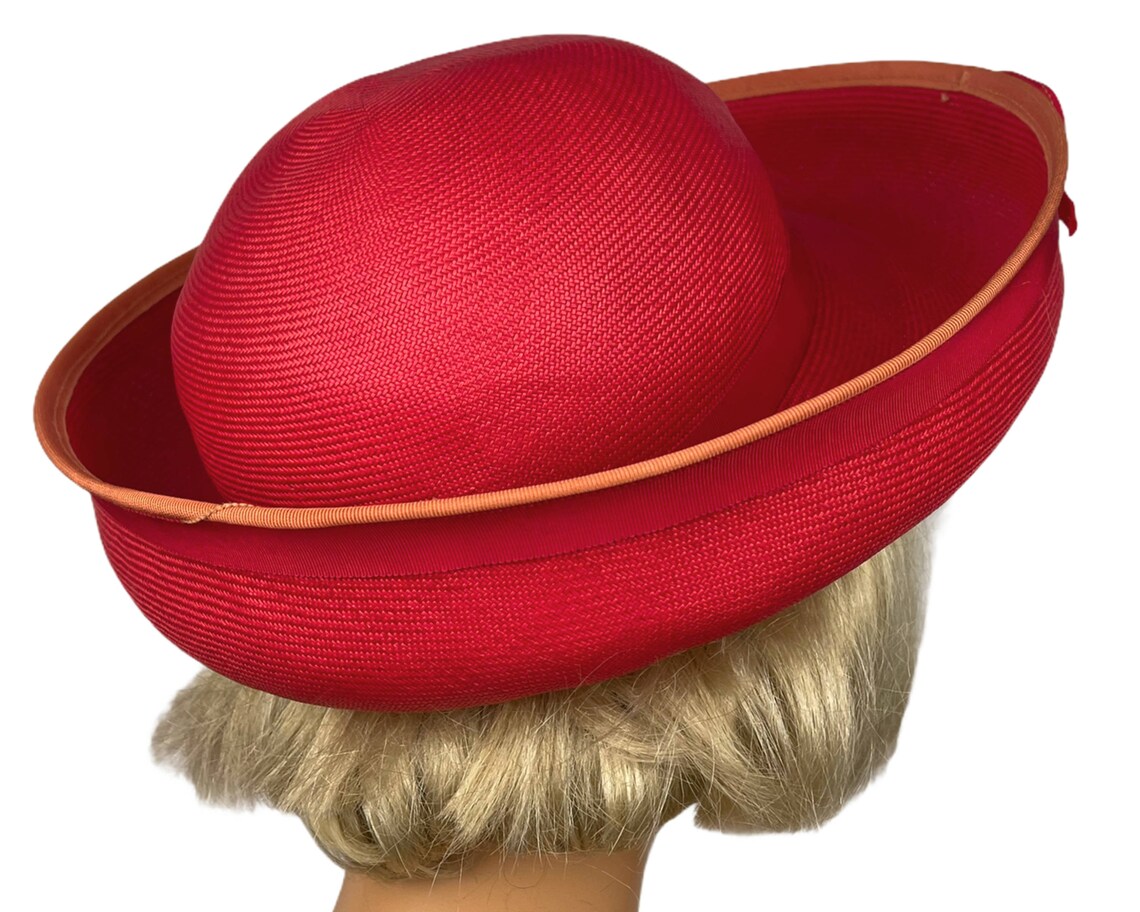 Vintage Red Straw Hat W Turned up Brim Ladies Size M | Etsy
