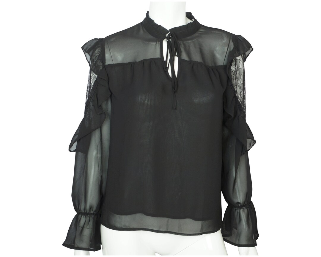 Vintage Chiffon Blouse Black With Lace Sleeve VFG Size M - Etsy