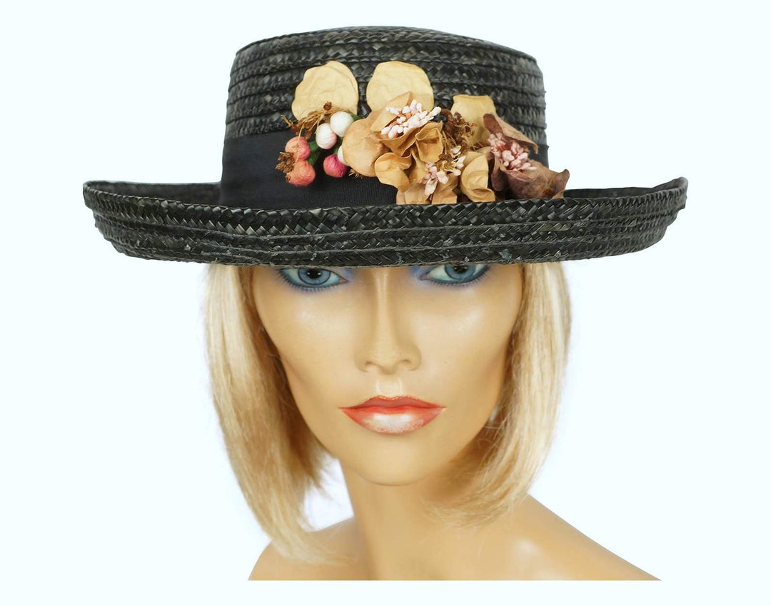 Vintage 1990s Black Straw Sun Hat - VFG - Etsy
