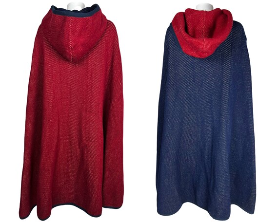 Vintage Reversible Hooded Cape Red Blue Wool Jacquard… - Gem
