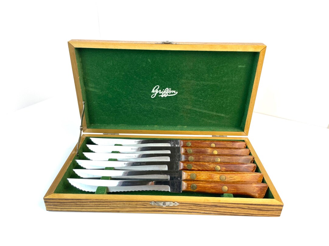 GRIFFON 6 Pc. STAINLESS Steel Steak Knife Set Mcm Wood Handles 8.5 ...