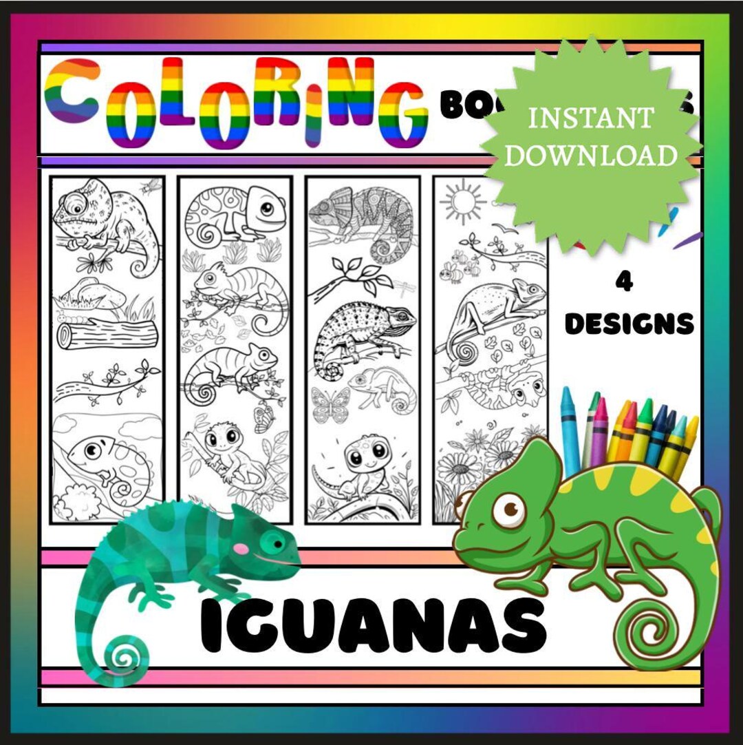 Coloring Bookmarks Set - Iguanas & Chameleons Designs, Instant Download PDF, Library Craft ...