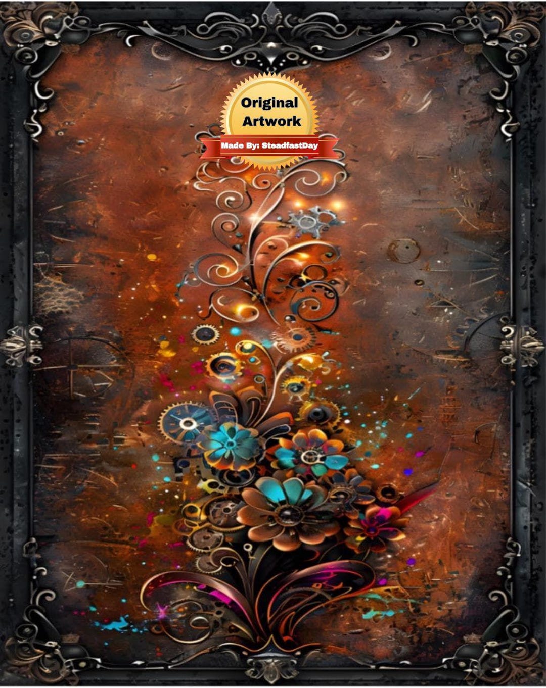 Steampunk Style Paint by Numbers Kit, Framed Art Kit, Copper & Mechanical Design, Wildflowers ...