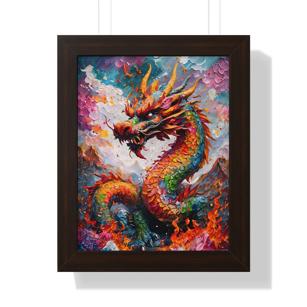 Bright Dragon Art Print: Modern Abstract Oil Painting, Framed Wall ...